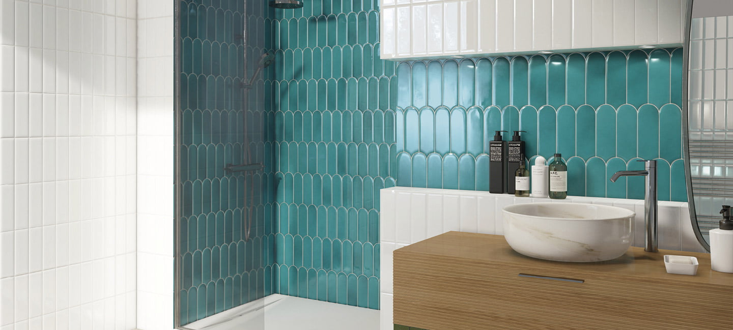 FAN MIX TURCHESE 7,2x19,5 · 3”x8” · LONDON WHITE 7,2x22,2 · 3”x8,7”